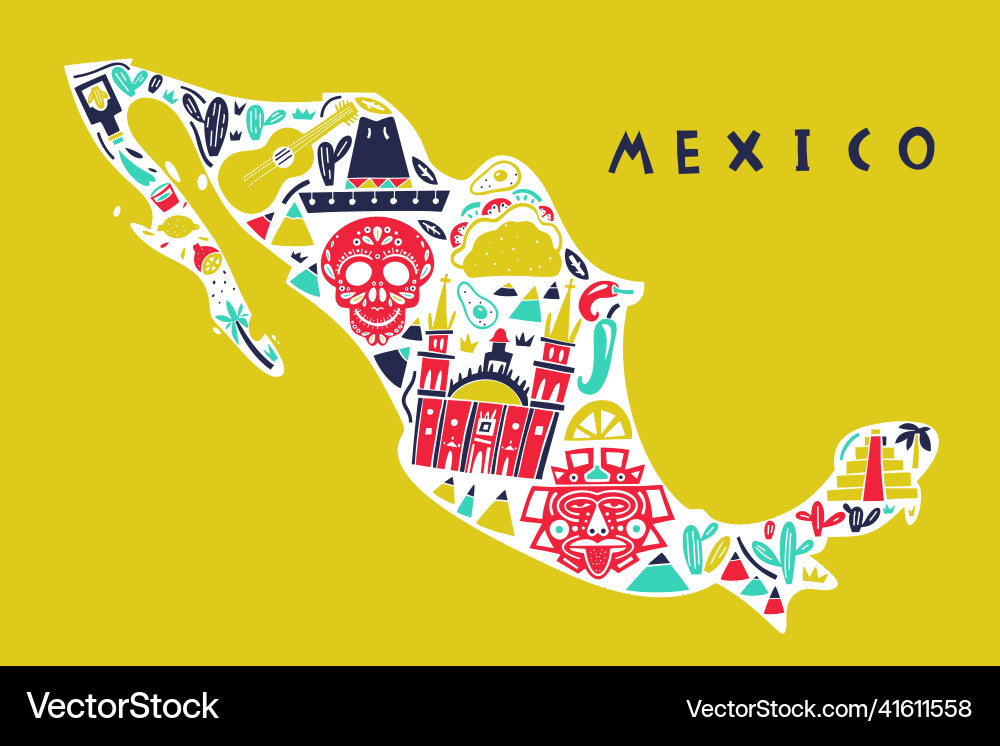 Hand drawn stylized map of mexico landmarks Vector Image