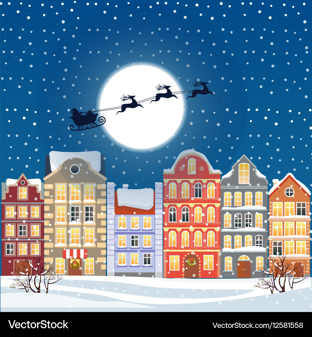 Santa flying through the night sky under Vector Image