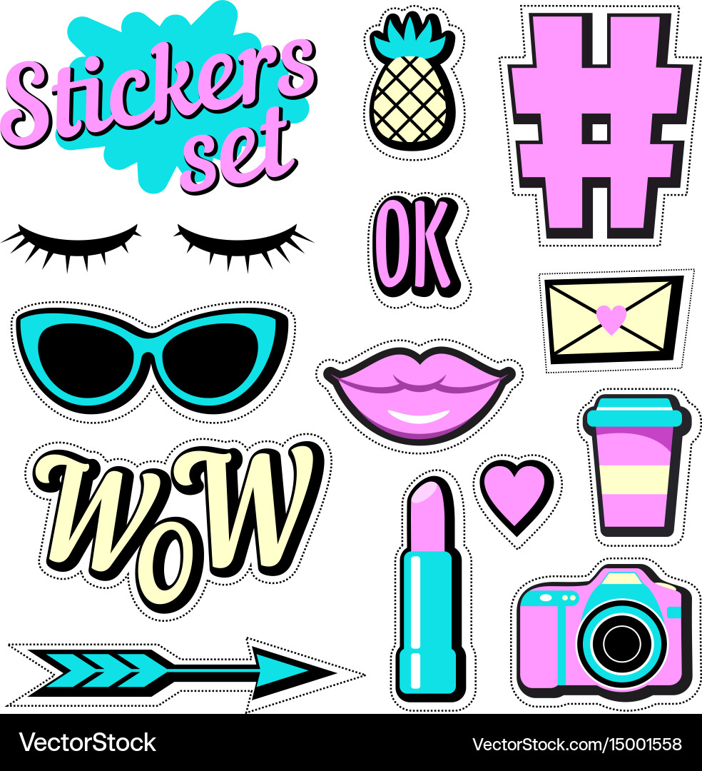 Stickers set cartoon patch badges Royalty Free Vector Image
