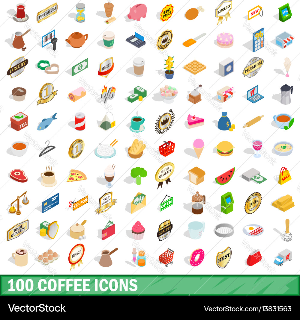 100 coffee icons set isometric 3d style Royalty Free Vector