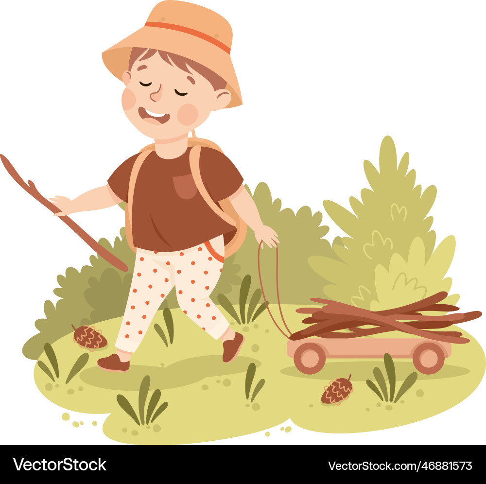 Cute boy with backpack hiking and trekking Vector Image