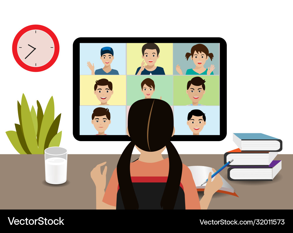 Kids study at home via remote video app Royalty Free Vector