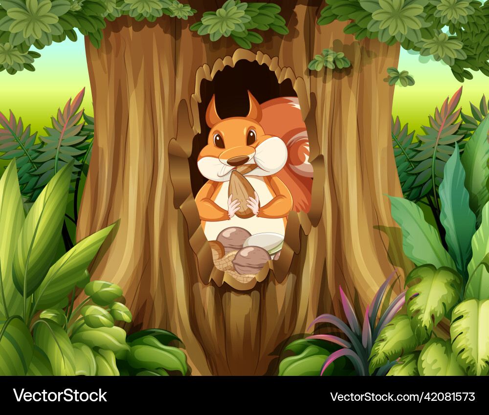 Scene with squirrels in forest Royalty Free Vector Image