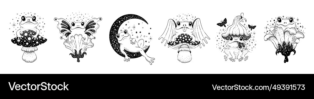 Tattoo graphics with cute frogs on mushroom Vector Image