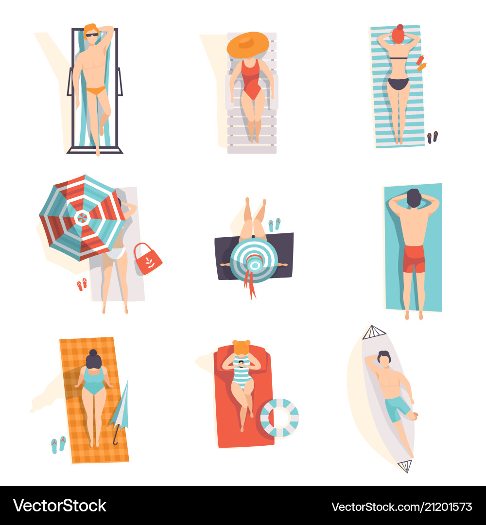 Young people sunbathing on beach set top view Vector Image