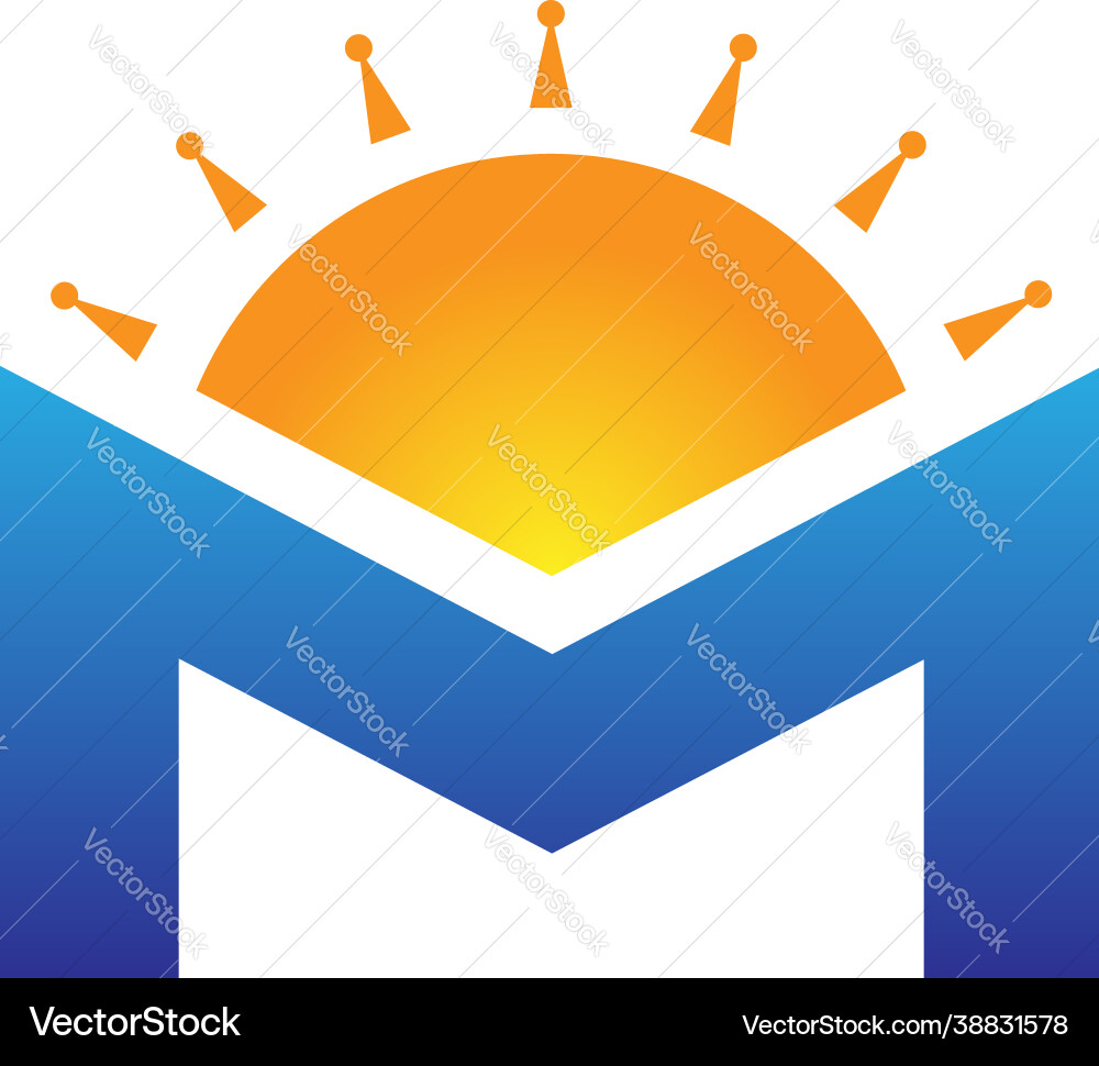 Initial letter m with sunrise and crown Royalty Free Vector