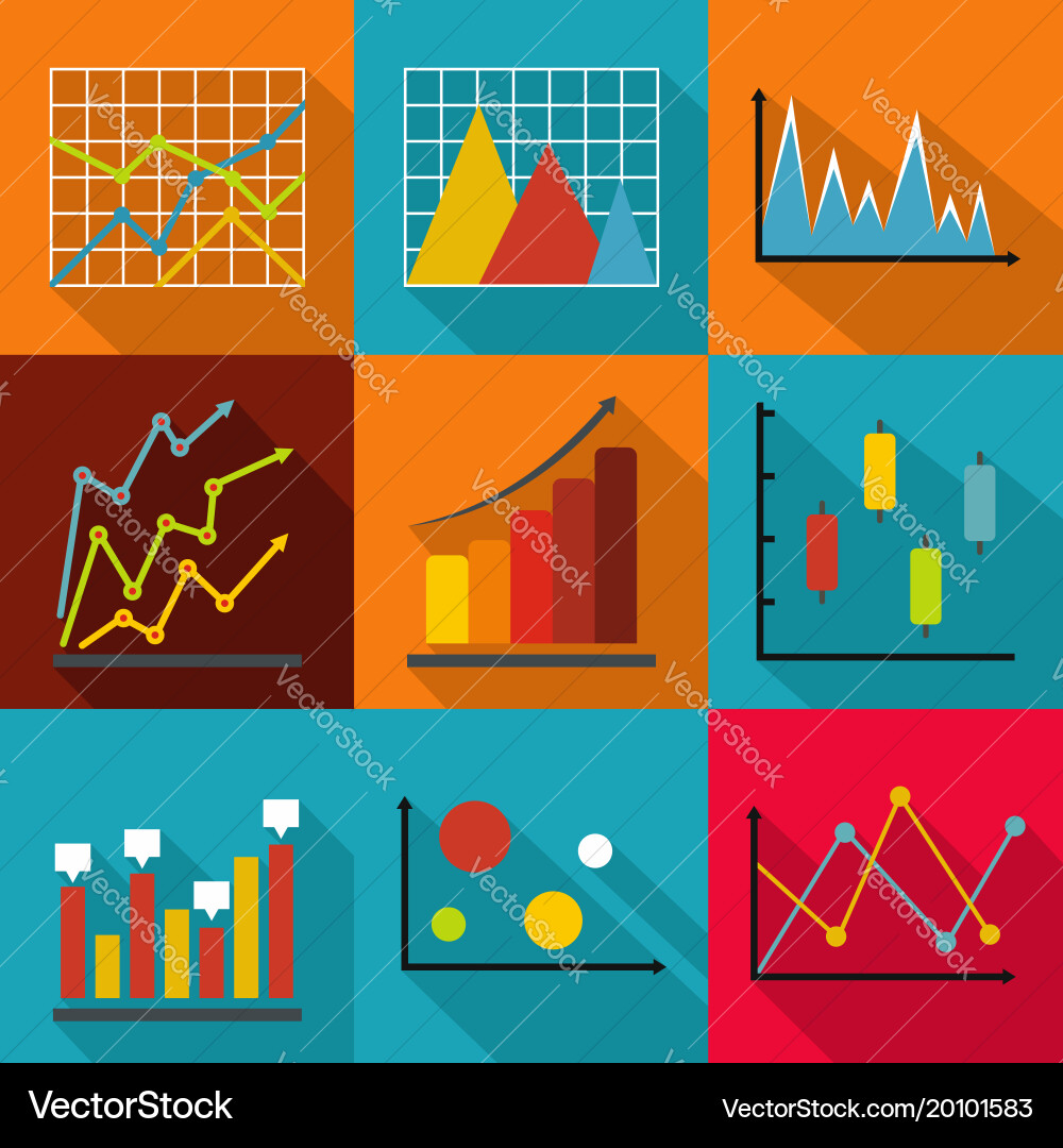 Economic research icons set flat style Royalty Free Vector