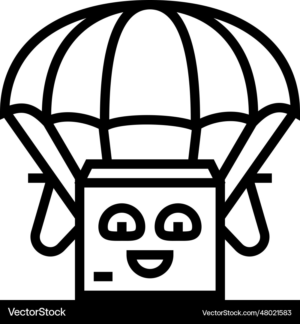 Parachute flying cardboard box character line icon