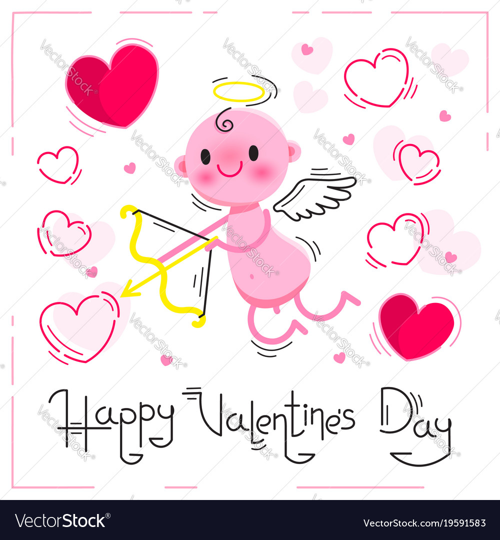 Valentines day card with cute cupid and hearts Vector Image