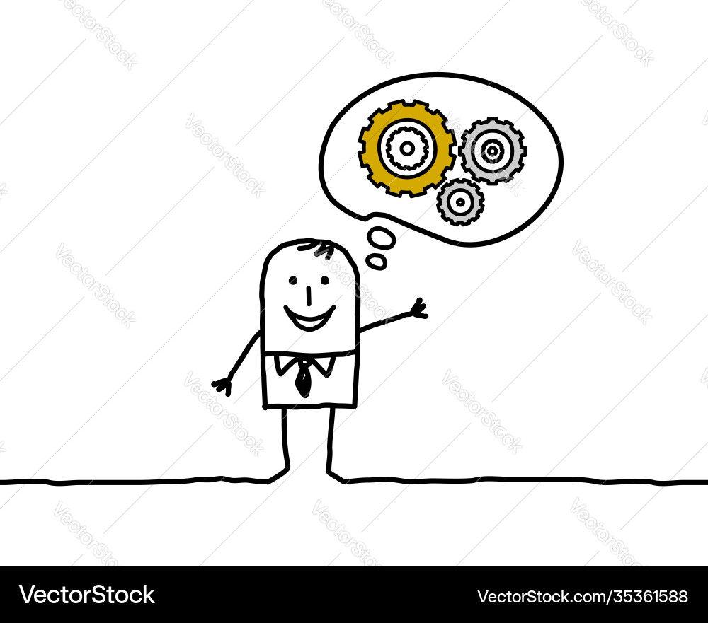 Cartoon man thinking with gears Royalty Free Vector Image