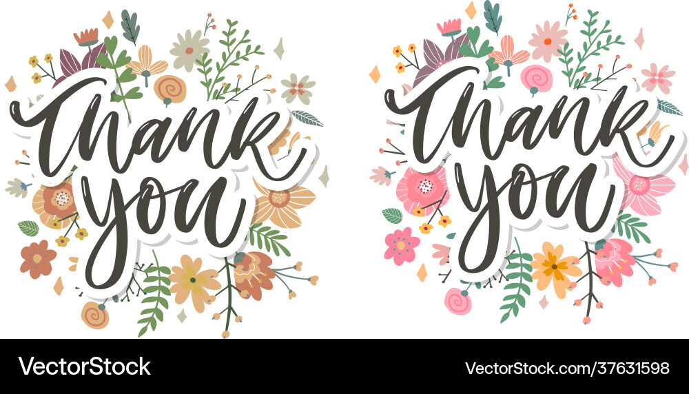 Cute thank you script card flowers letter text Vector Image
