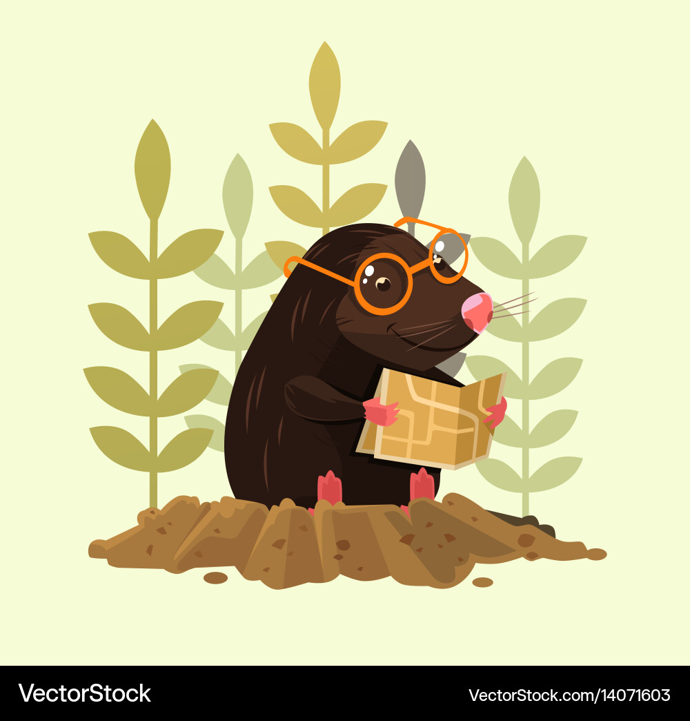 Cute happy smiling mole character sitting and read
