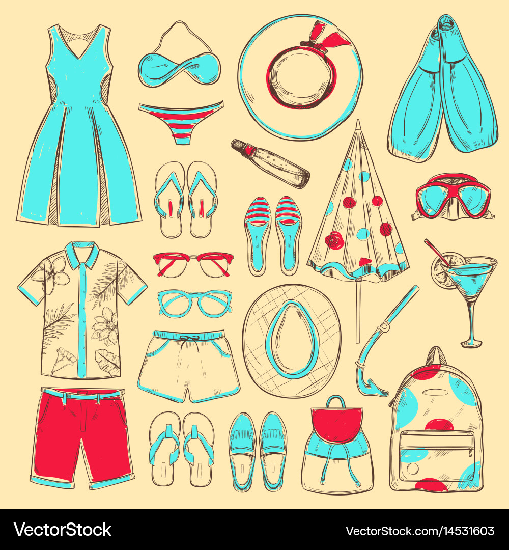 Doodle colored summer beach icons collection Vector Image