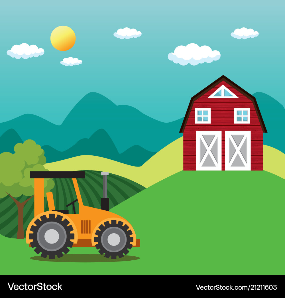 Tractor in the farm scene Royalty Free Vector Image