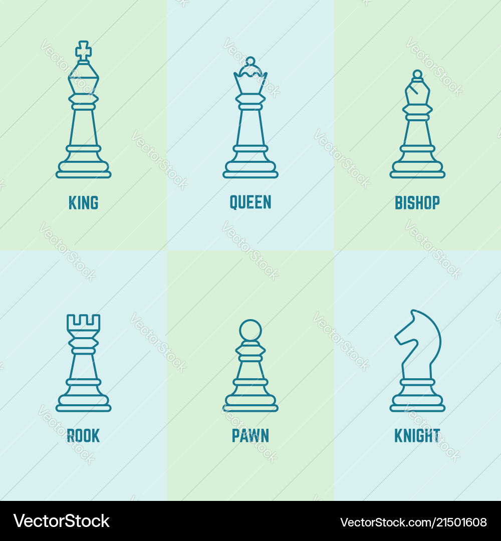 Chess pieces with named outline icons Royalty Free Vector