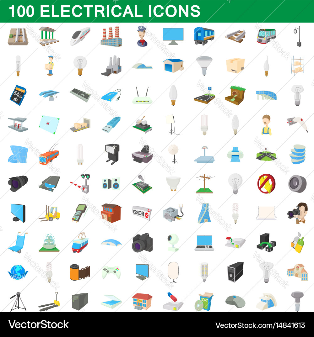 100 electrical icons set cartoon style Royalty Free Vector