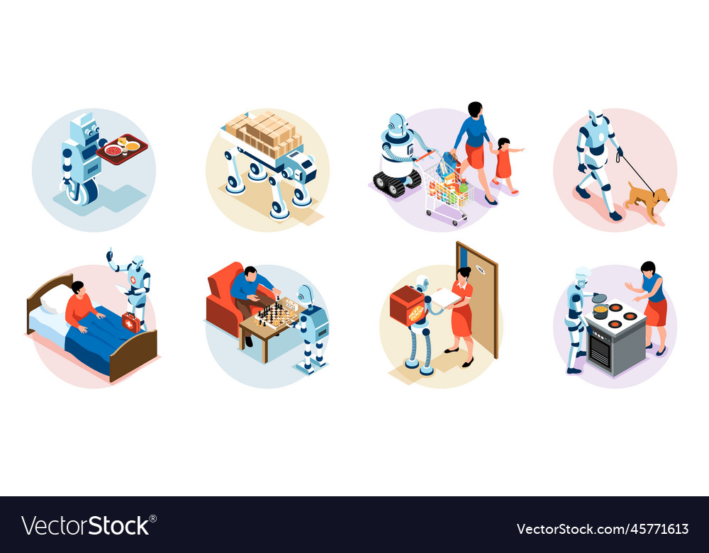Isometric robot assistant set Royalty Free Vector Image