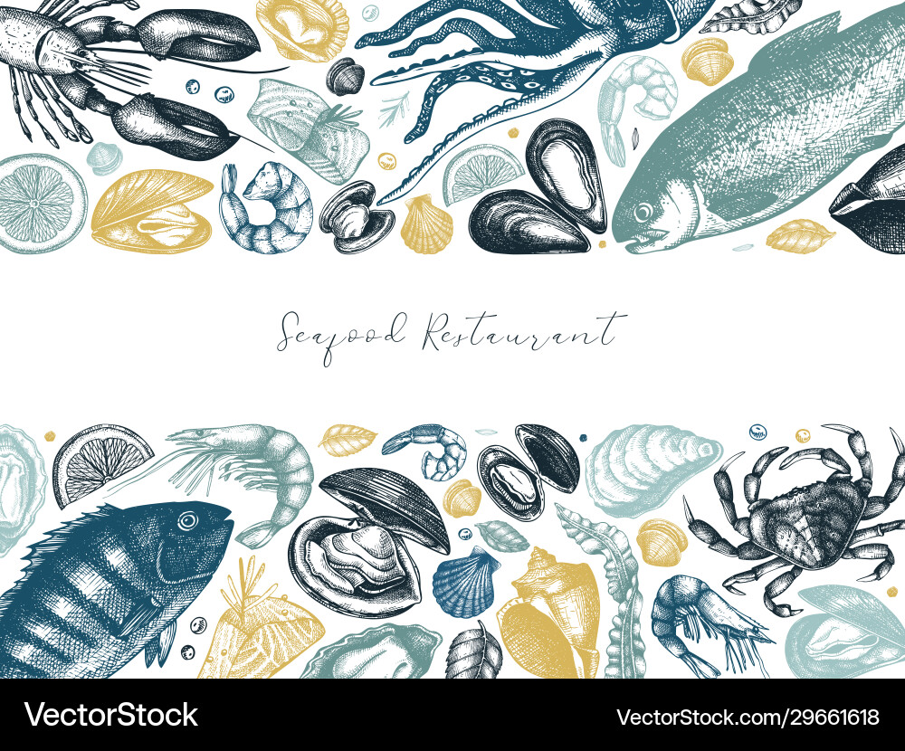 Hand drawn seafood frame design in color Vector Image