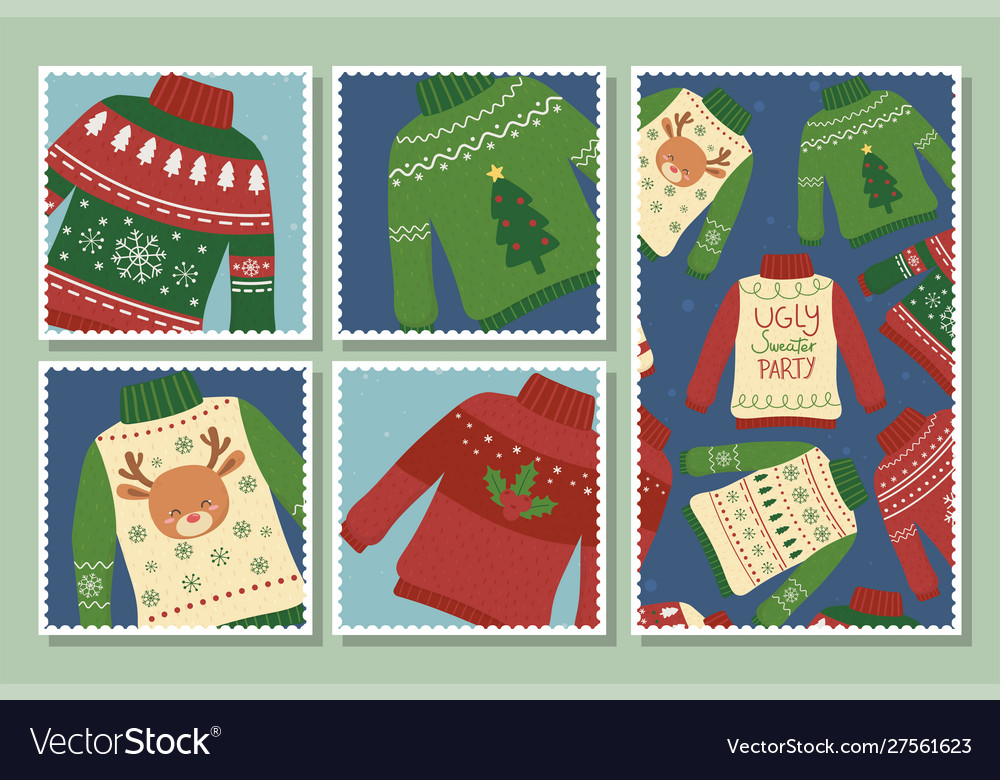 Christmas ugly sweaters party postcards collection