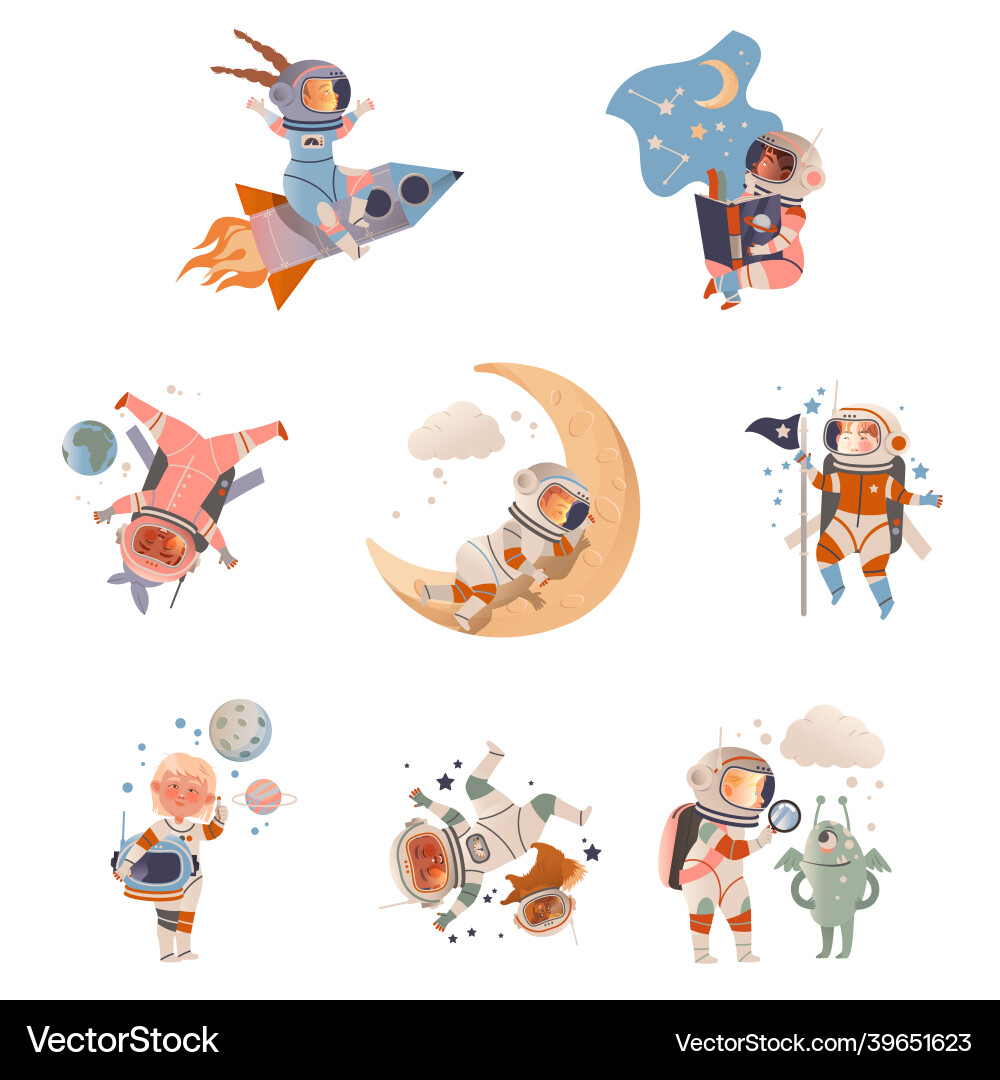 Cute kids astronauts in space suits outer Vector Image