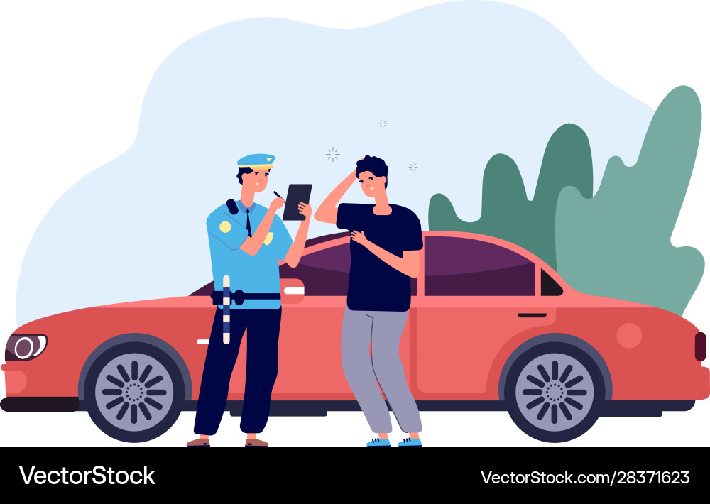 Policeman and driver car inspector write fine to Vector Image