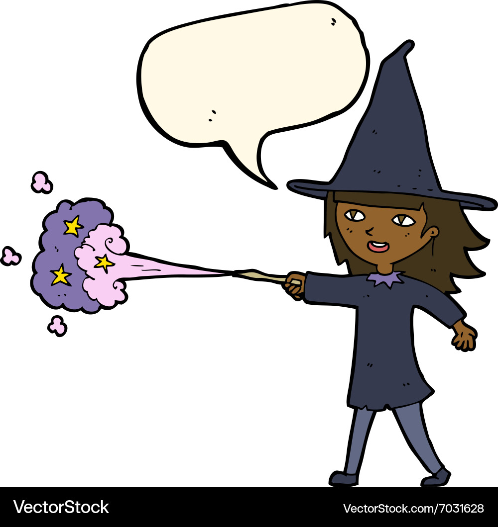Cartoon witch girl casting spell with speech Vector Image