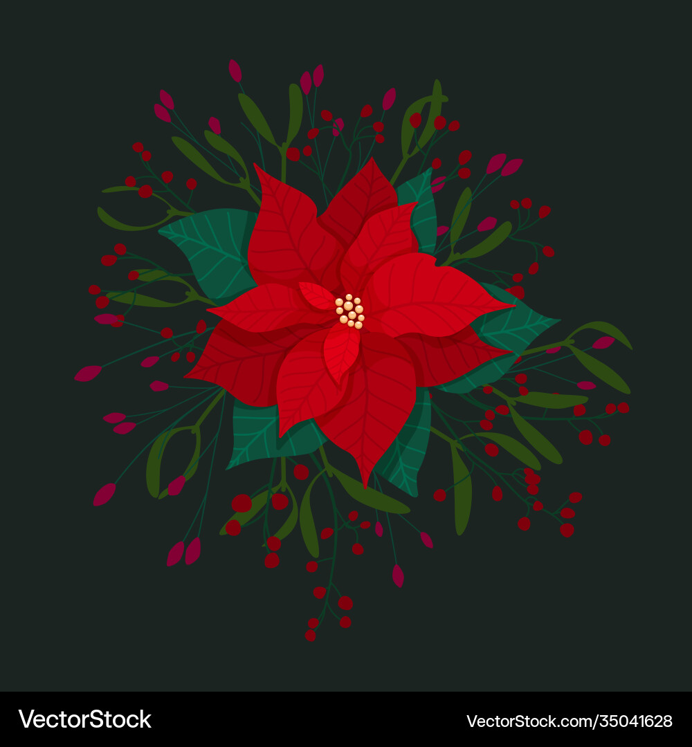 Red poinsettia flower composition with branches Vector Image