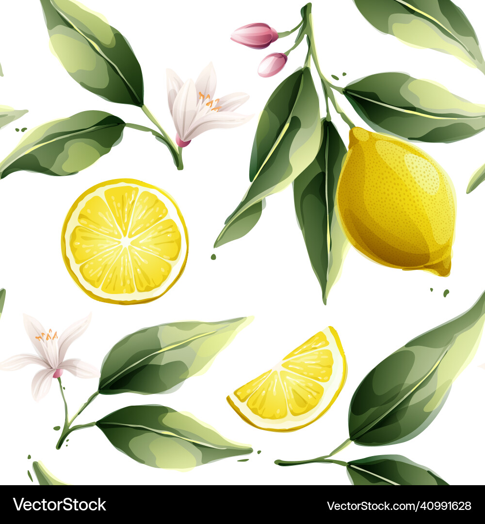 Seamless lemon pattern set of green leaves Vector Image