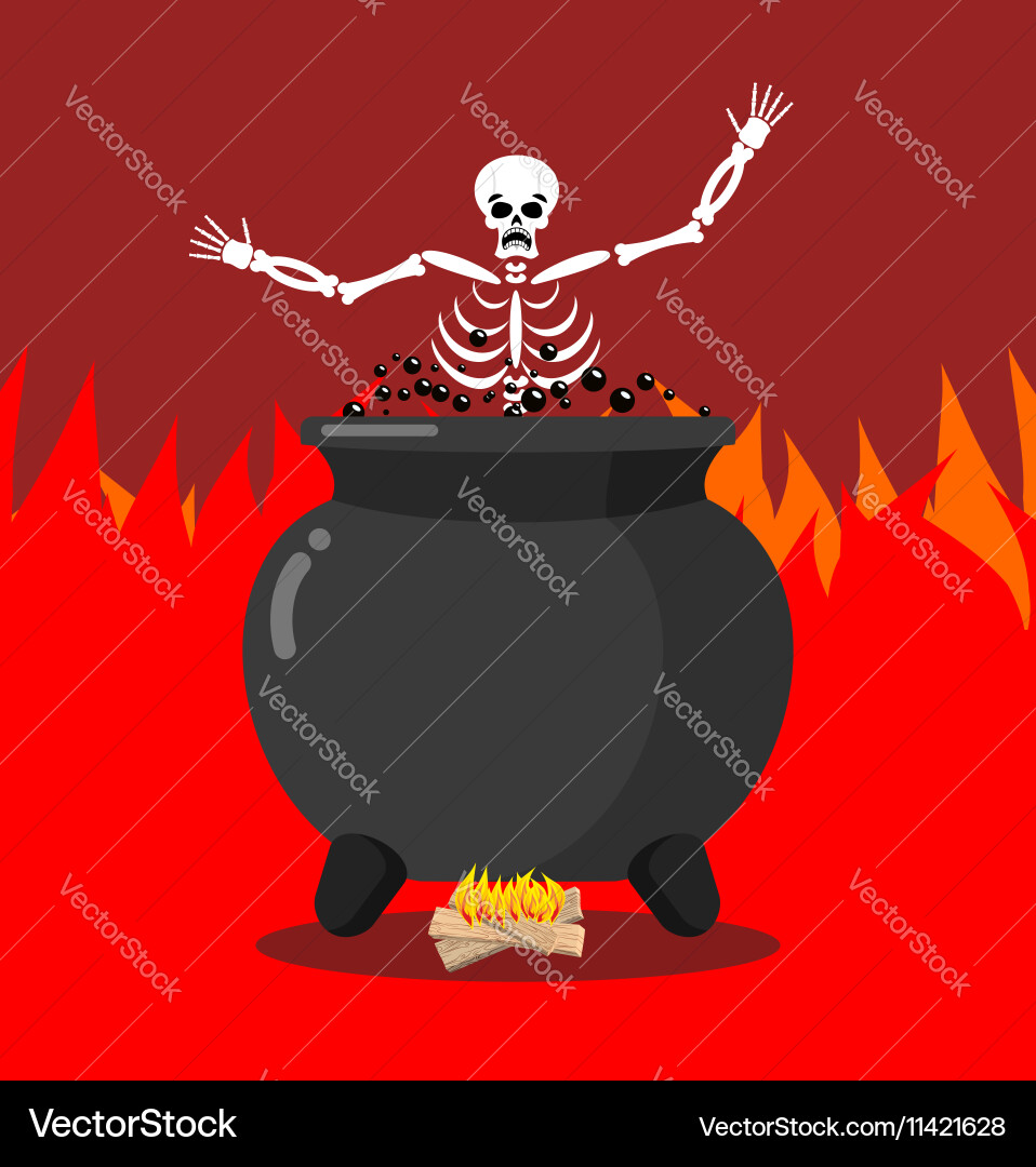 Sinners in cauldron in hell skeletons are cooked Vector Image