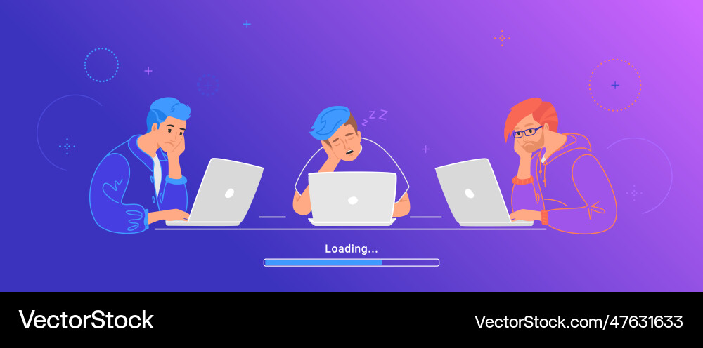 Bored three teenagers sitting with laptops Vector Image