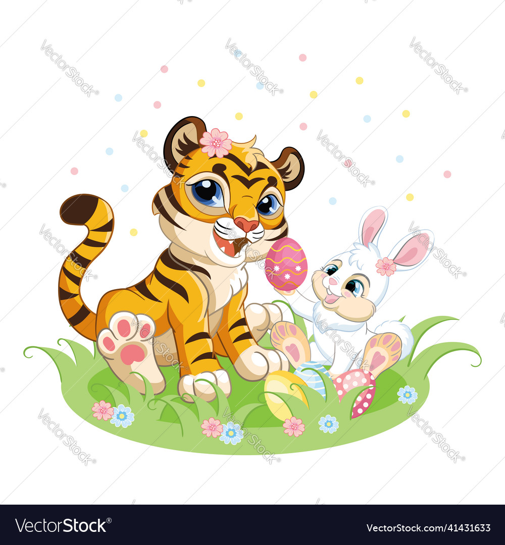 Cute tiger with easter bunny Royalty Free Vector Image