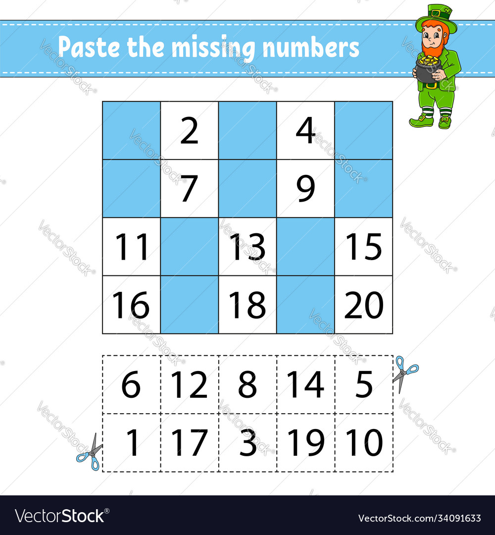 Paste missing numbers 1-20 game for children Vector Image