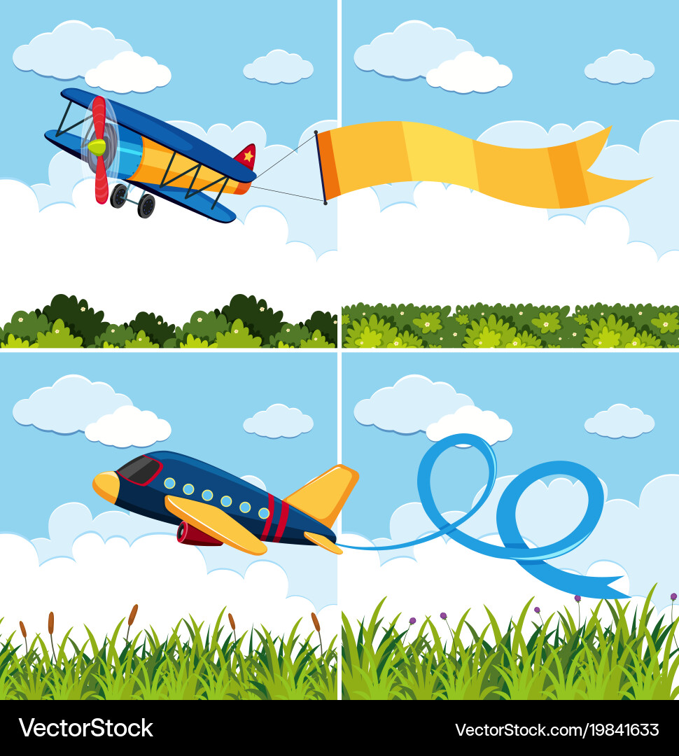 Scenes with airplanes flying in blue sky Vector Image