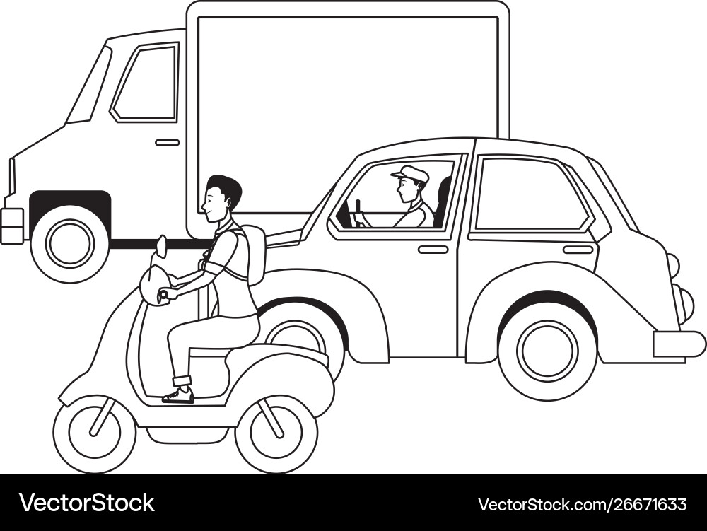 Vehicles and motorcycle with drivers riding Vector Image