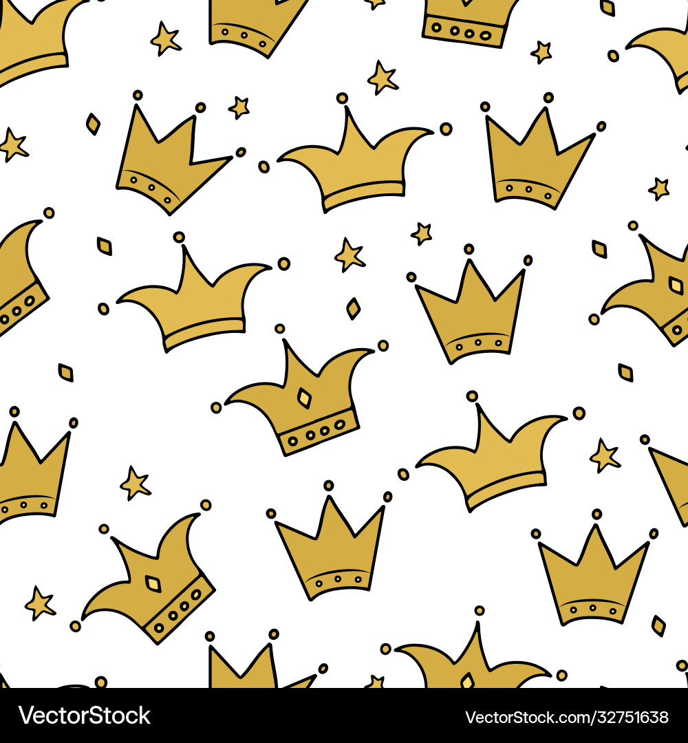 Hand drawn gold crown and stars seamless pattern Vector Image