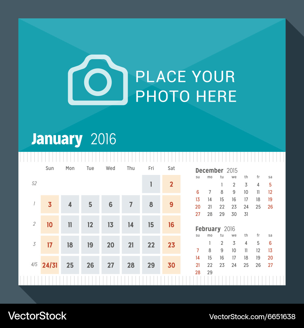 January 2016 desk calendar for year week Vector Image