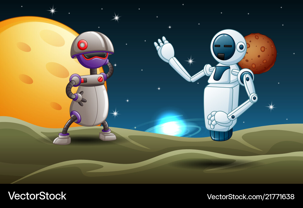 Two robot together landed in the moon Royalty Free Vector