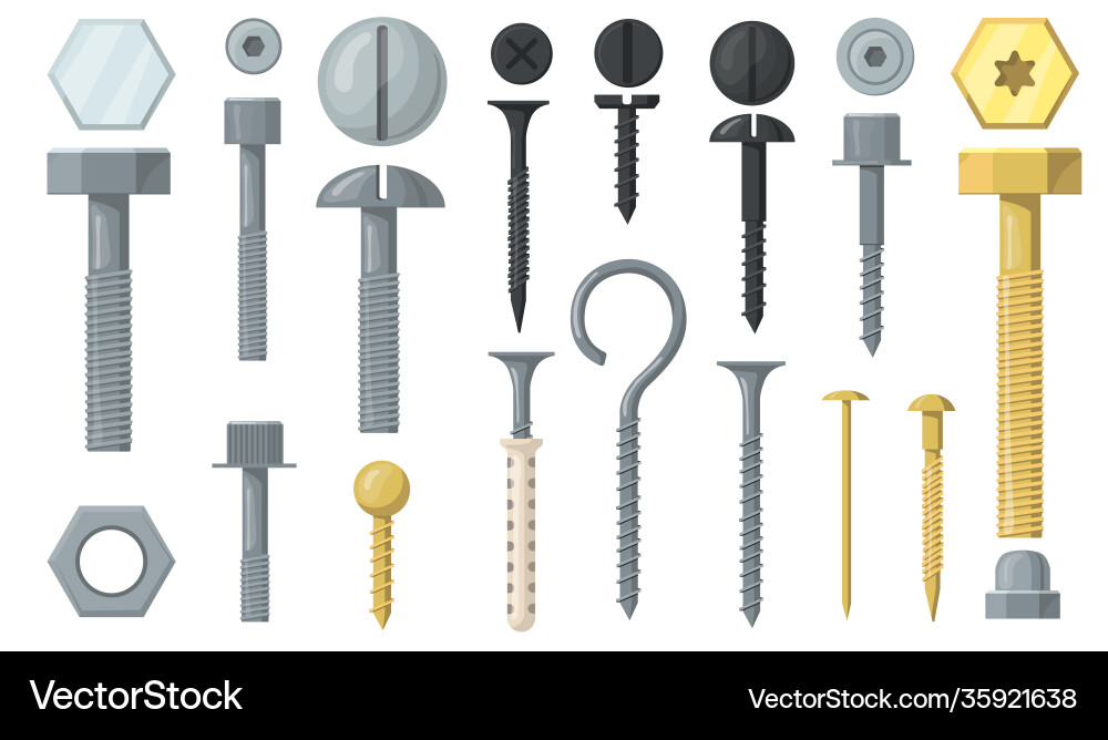 Variety bolts and screws flat set for web Vector Image