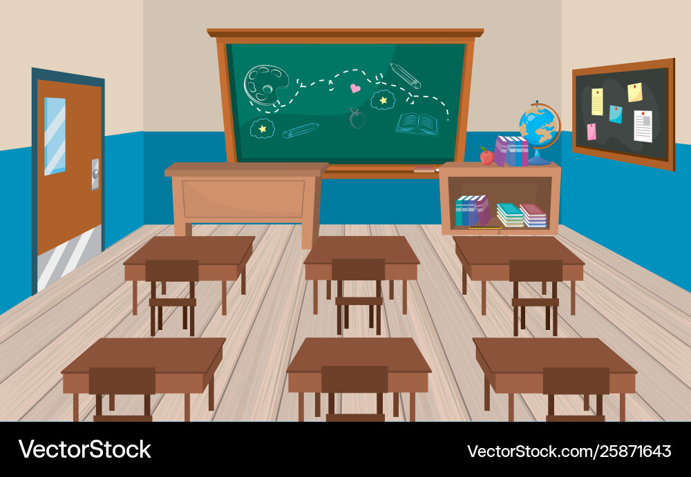 Education classroom with desks and books Vector Image