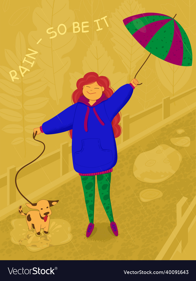 Girl with an umbrella walking the dog in rain Vector Image