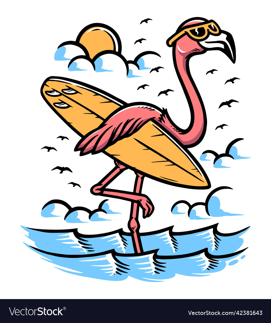 Surfer flamingo on the beach Royalty Free Vector Image