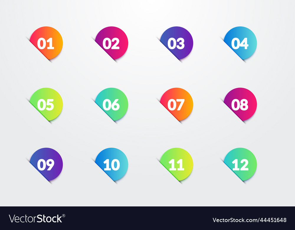 Colorful round bullet points 1 to 12 Royalty Free Vector