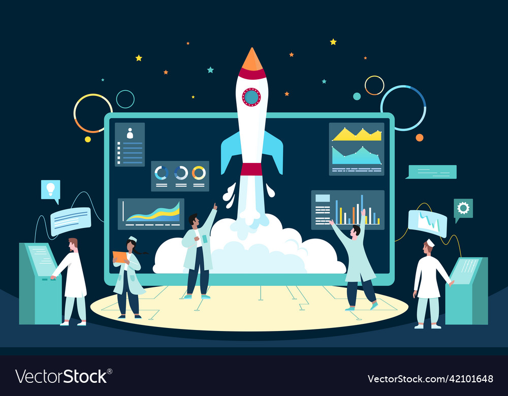 Creative startup rocket launch by tiny team Vector Image
