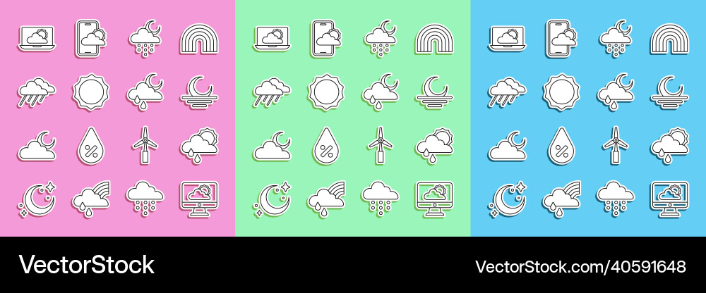 Set line weather forecast cloud with rain and sun Vector Image