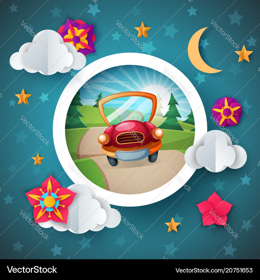 Cartoon landscape car flower cloud Royalty Free Vector Image