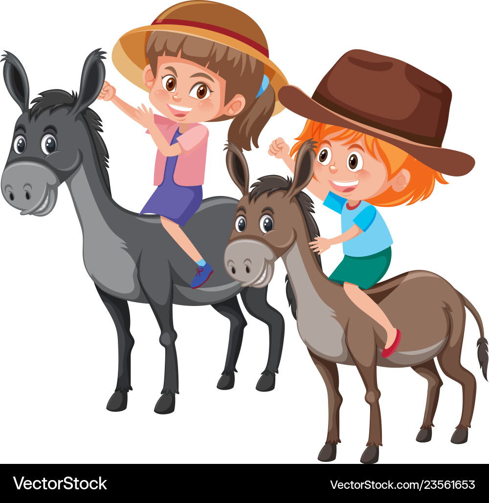 Children riding donkey on white background Vector Image