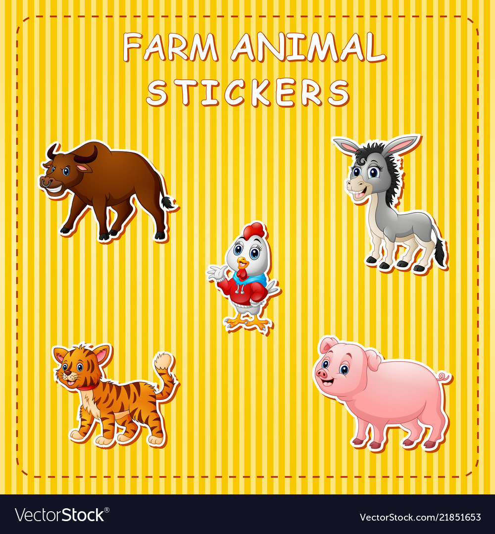 Cute cartoon farm animals on sticker Royalty Free Vector