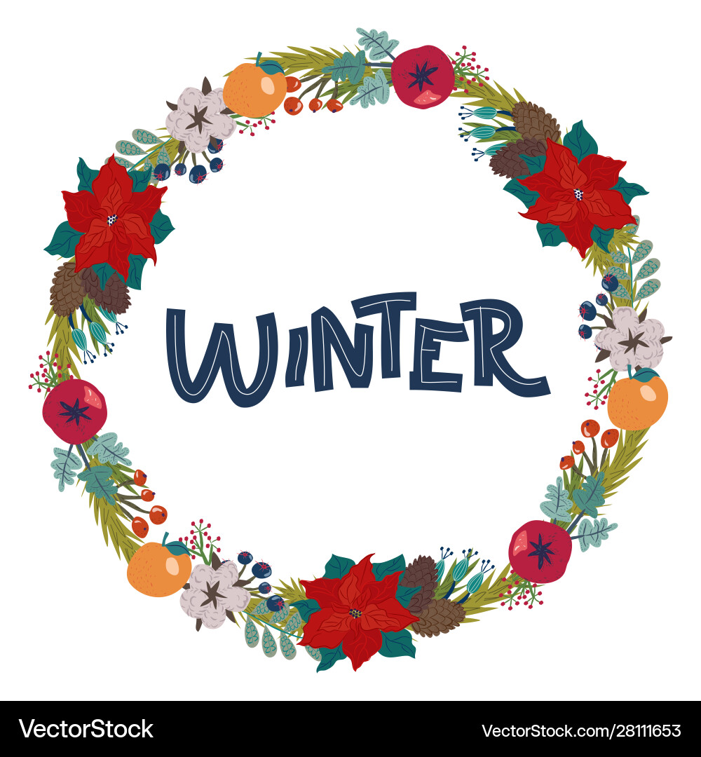 Hand drawn winter doodles wreath with letters Vector Image