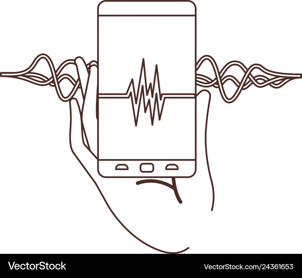 Hand with smartphone and sound wave Royalty Free Vector