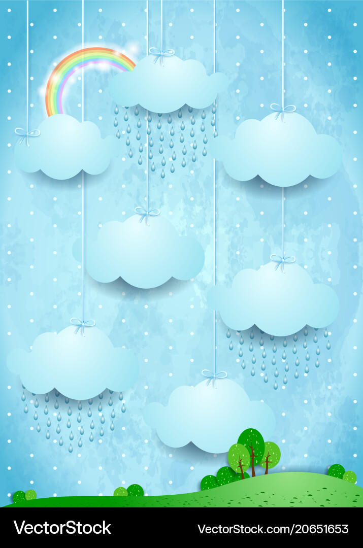 Surreal landscape with hanging clouds and rain Vector Image